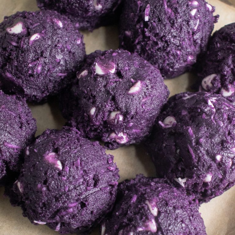 Thin & Chewy White Chocolate Coconut Ube Cookies - Bites by Bianca