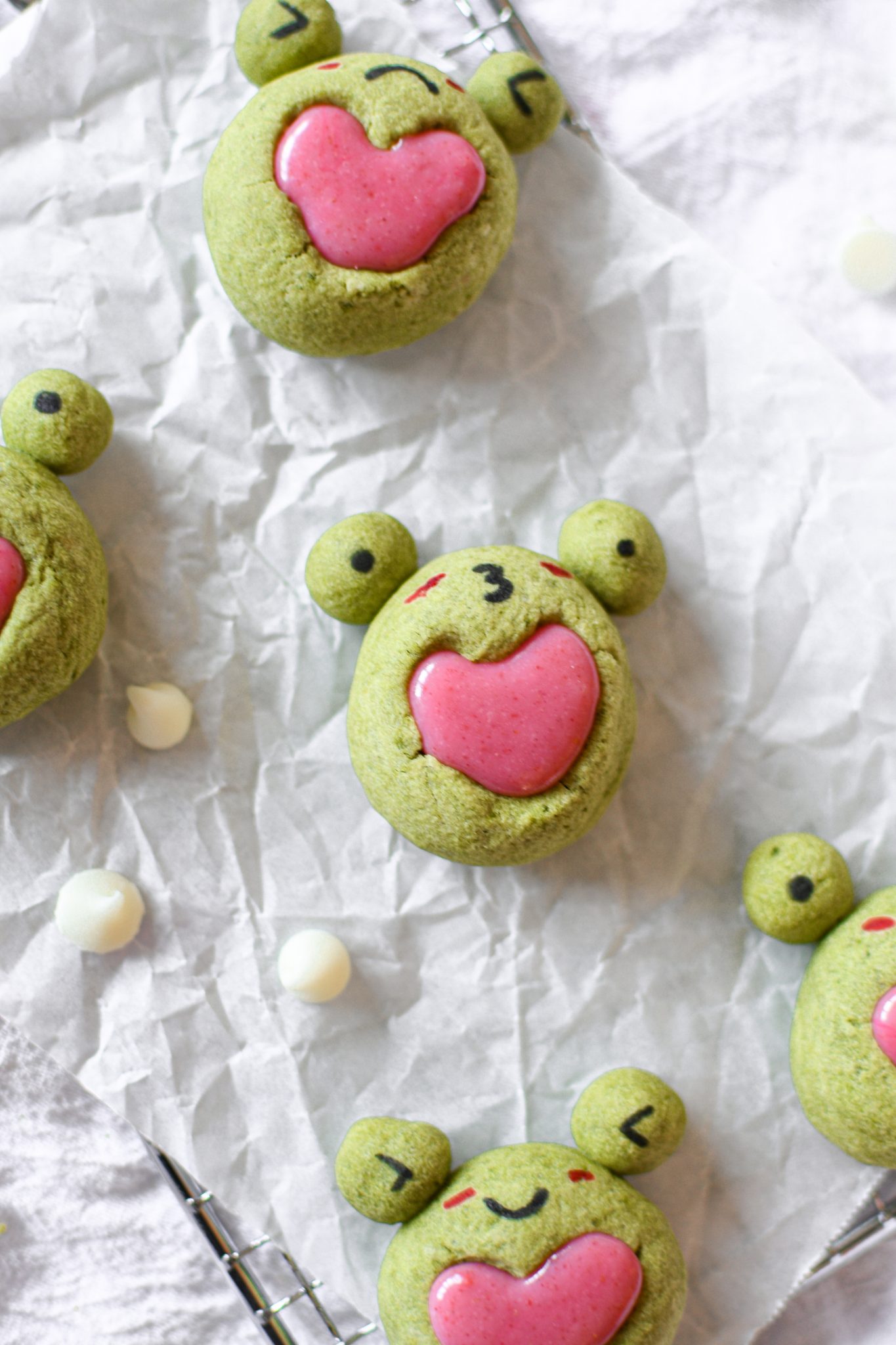 Matcha Frog Thumbprint Cookies with Strawberry Ganache • Bites by Bianca