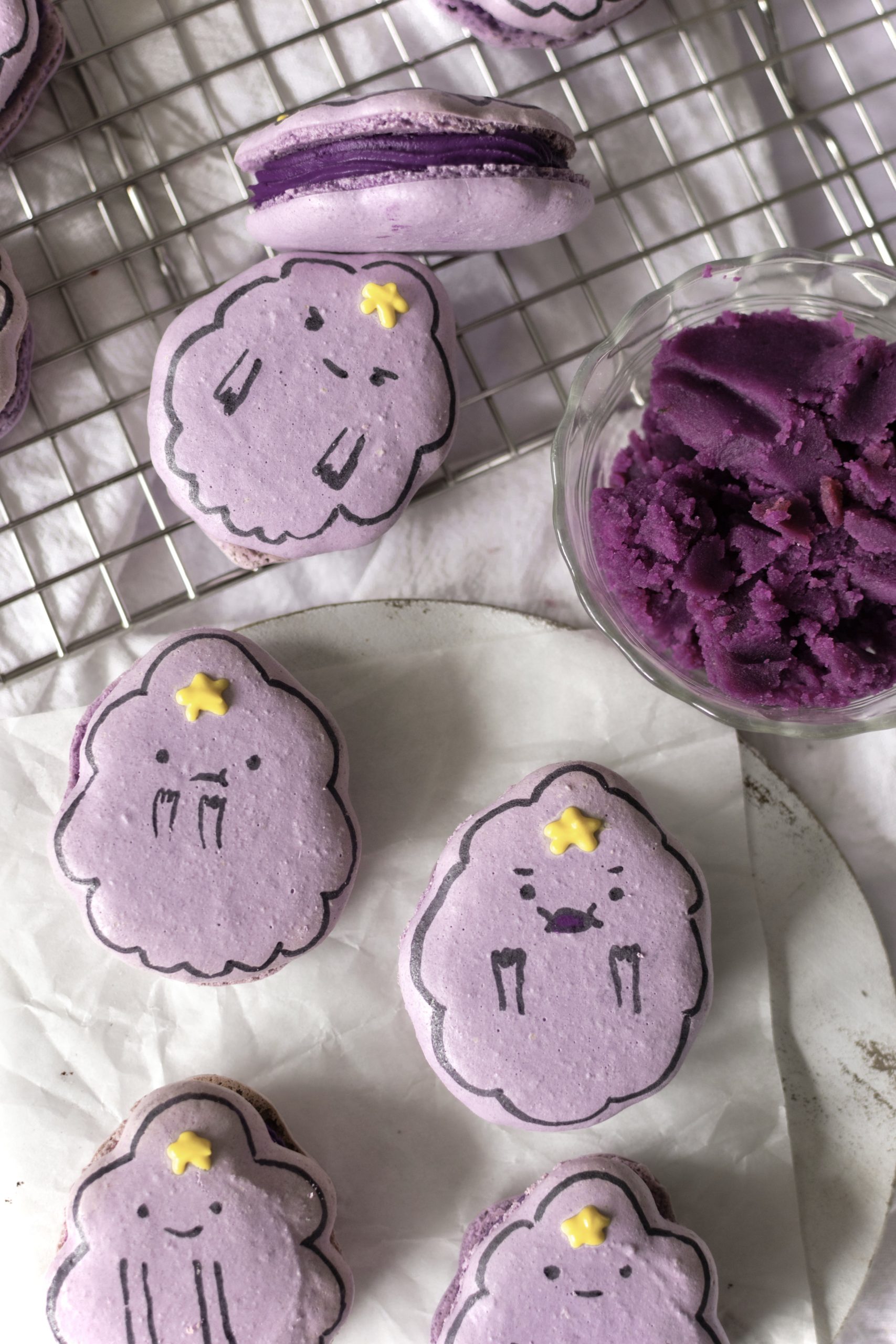 Lumpy Space Princess Macarons with Ube Cheesecake Filling • Bites by Bianca
