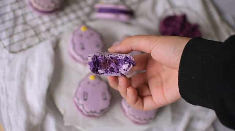 Lumpy Space Princess Macarons with Ube Cheesecake Filling • Bites by Bianca