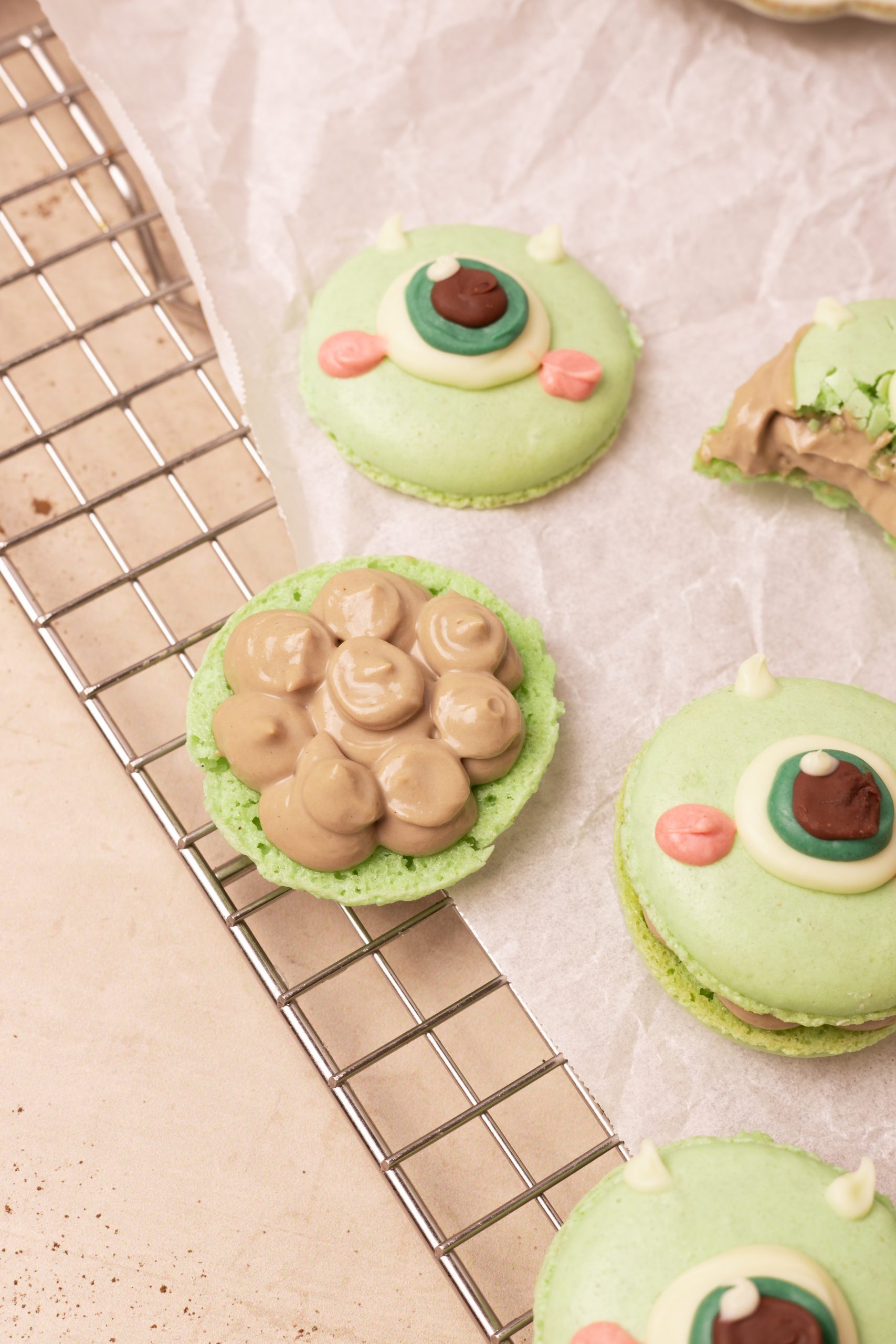 Mike Wazowski Macarons with Roasted Matcha Cheesecake Filling • Bites ...