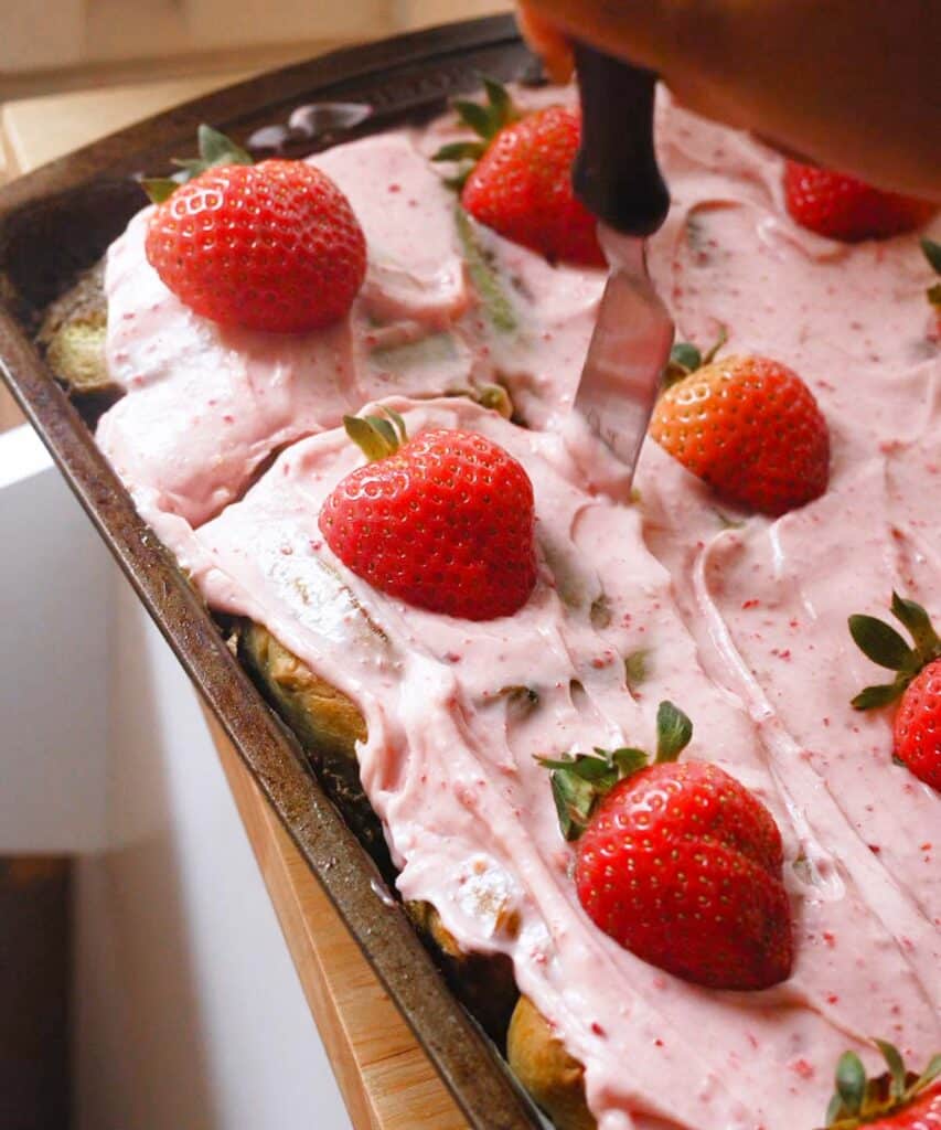 Soft, Gooey Strawberry Matcha Rolls • Bites by Bianca